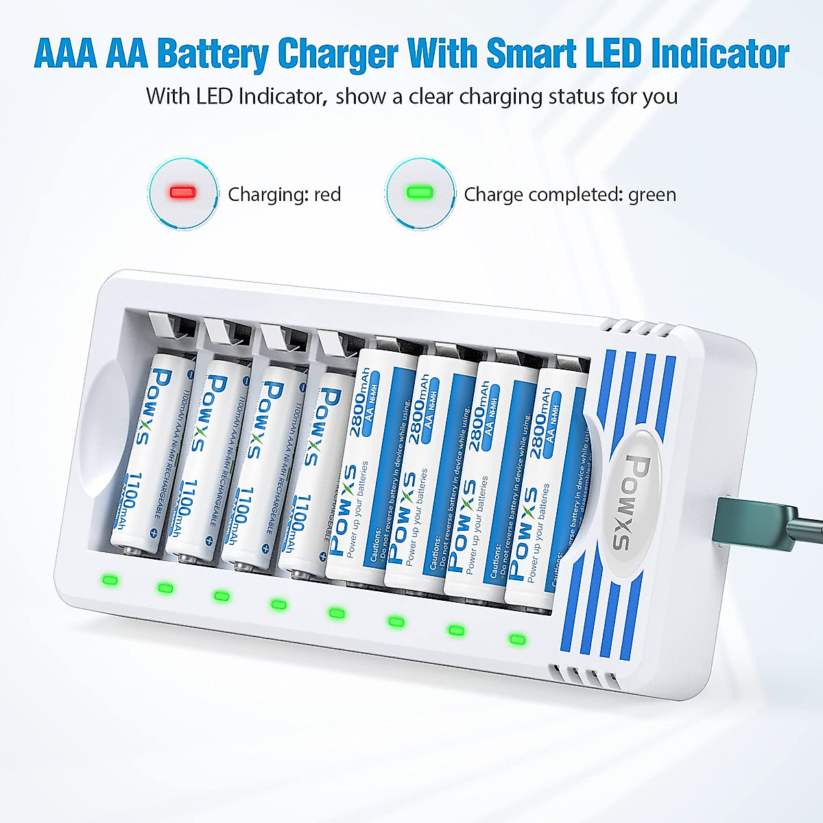 POWXS 8 Bay AA AAA Batteries Charger, Independent and Fast Battery Charger for 1.2V Ni-MH Ni-CD AA Triple AAA Rechargeable Batteries with Convenient USB Cable