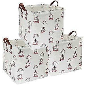 ESSME 3PACK Square Storage Bin,Cotton Fabric Laundry Baskets,Collapsible Waterproof Toy Storage Bin with Handles for Family Storage,Shelf Baskets,Bedroom(Rainbow Unicorns)