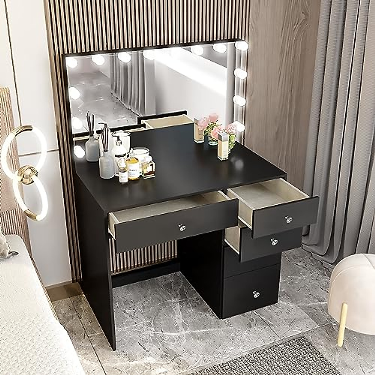 Boahaus Matilda Vanity Makeup Desk, Elegant White Bedroom Set with a Full-Width Mirror, 5 Drawers, Crystal Knobs - Ideal Modern Makeup Vanity with Ample Storage