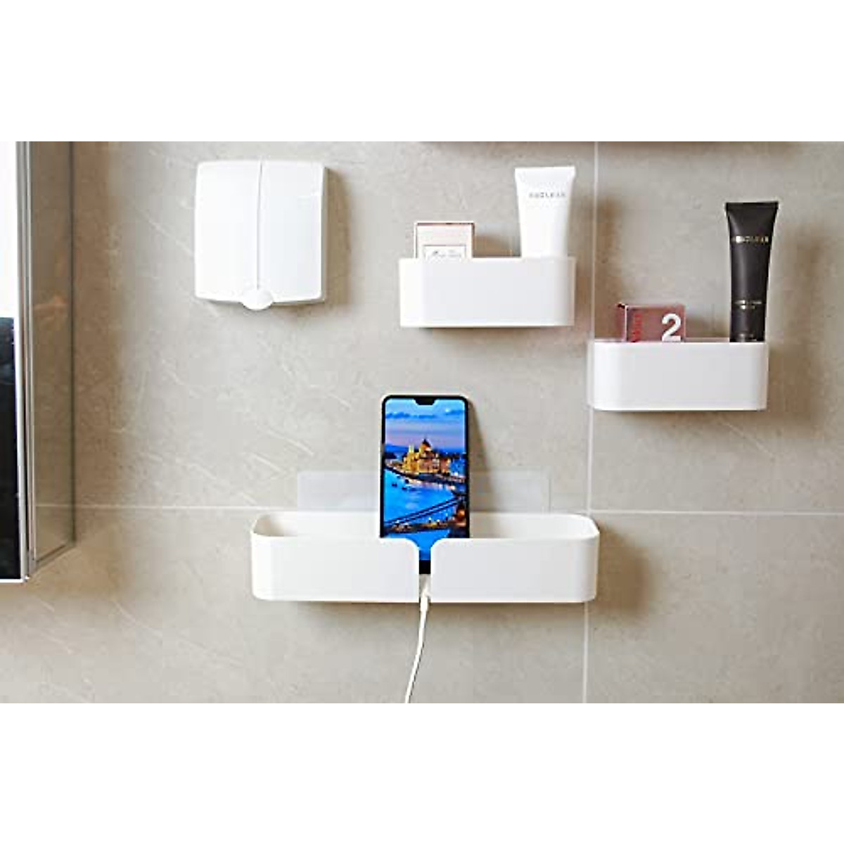 LADYBEE7LES Wall Floating Shelves White 4pcs Set, Self Adhesive Wall Shelf/Bathroom Makeup Wall Organizer/Wall décor/No Drill Plastic Storage Bins, Multi-Sizes, Stickers Included