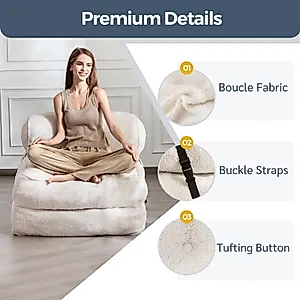 MAXYOYO Folding Sofa Bed, Boucle Sleeper Chair with Bolster Pillow, Convertible Fold Out Chair Bed, Floor Sofa Lounge for Living Room Bedroom, Beige