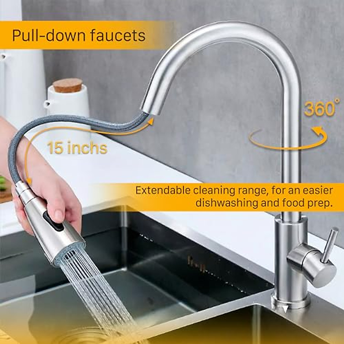 Generic Kitchen Faucet with Extendable Sprayer, Single Handle Hot and Cold Water Kitchen Faucet, Stainless Steel Faucet, Three Use Modes Faucets, Brushed Finish