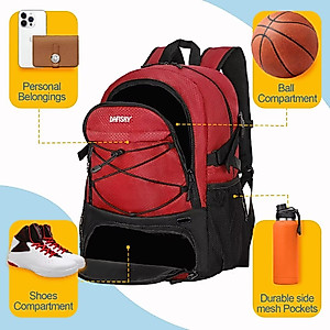 DAFISKY Basketball Backpack with Ball Compartment – Large Basketball Bag with Shoes Compartment Soccer Volleyball Bag Sports Backpack for Football, Red