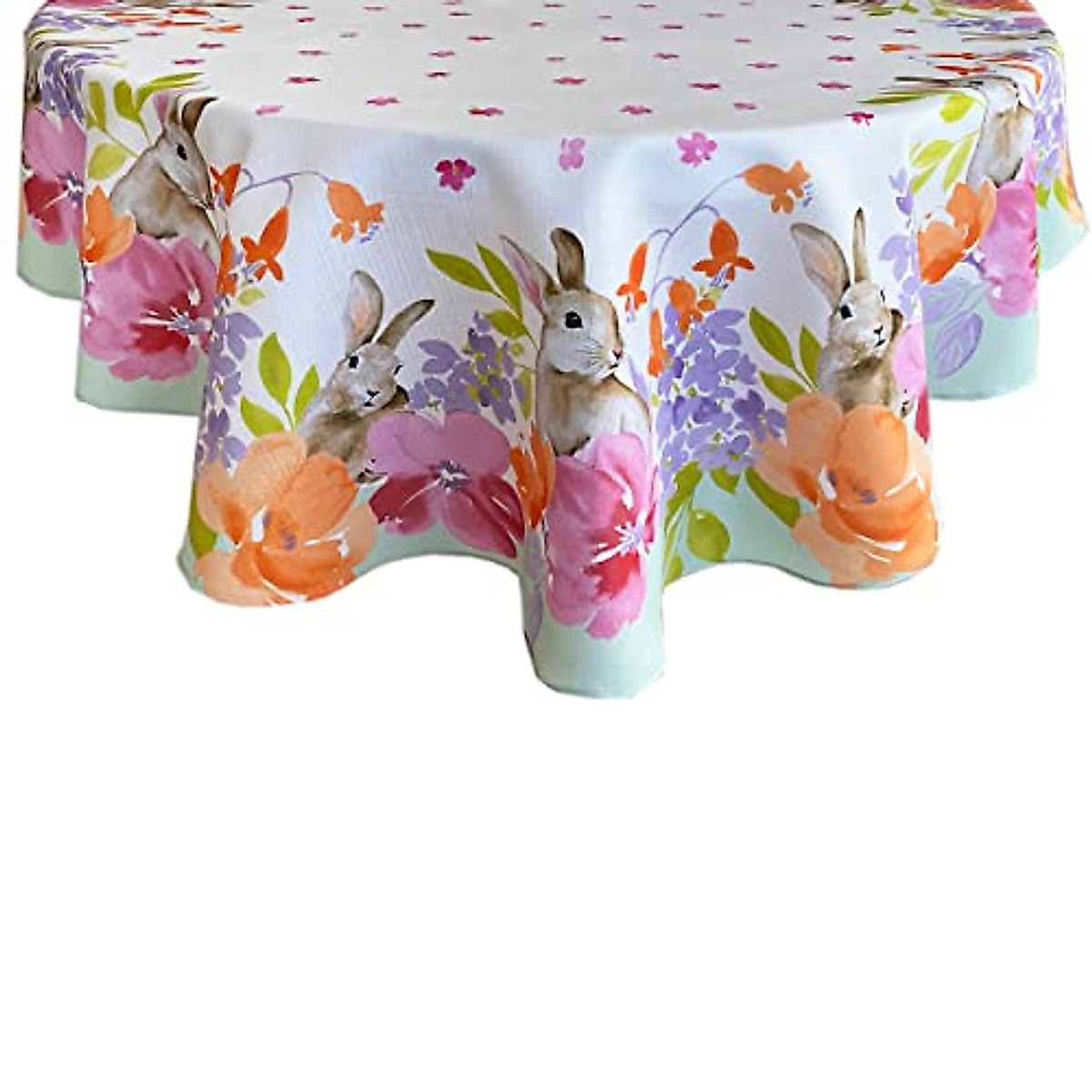 Newbridge Bunny Flower Fields Easter and Spring Fabric Double Bordered Tablecloth - Cute Bunny Rabbit and Vivid Pastel Floral Easy Care, Stain Resistant Fabric Tablecloth, 60” x 84” Oval