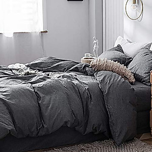 MooMee Bedding Duvet Cover Set 100% Washed Cotton Linen Like Textured Breathable Durable Soft Comfy (Dark Grey, King)
