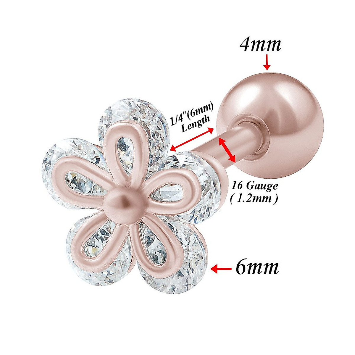 bodyjewellery 2pcs 16g 1/4 Cartilage Earring Stud Flower Barbell Forward Heilix Tragus Lobe Auricle Cartilage Bar Surgical Steel CZ - RG