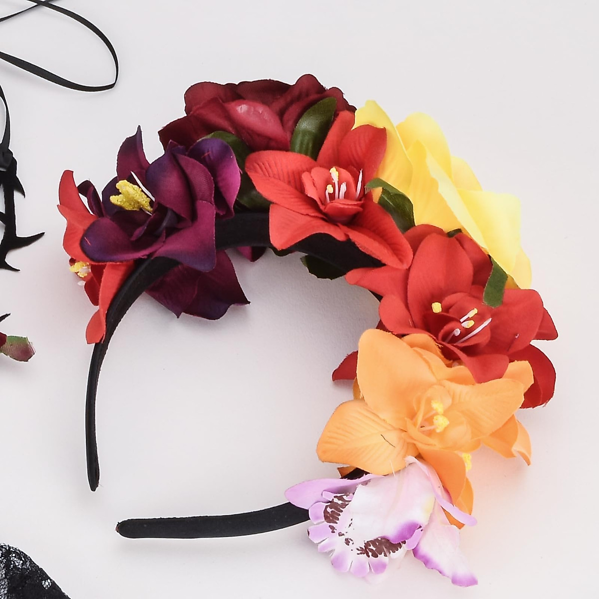 Funsveta Rose Flower Crown Headband Day of the Dead Headbands for Women Halloween Headpiece Party Cosplay Accessory Sets（Red and Yellow）