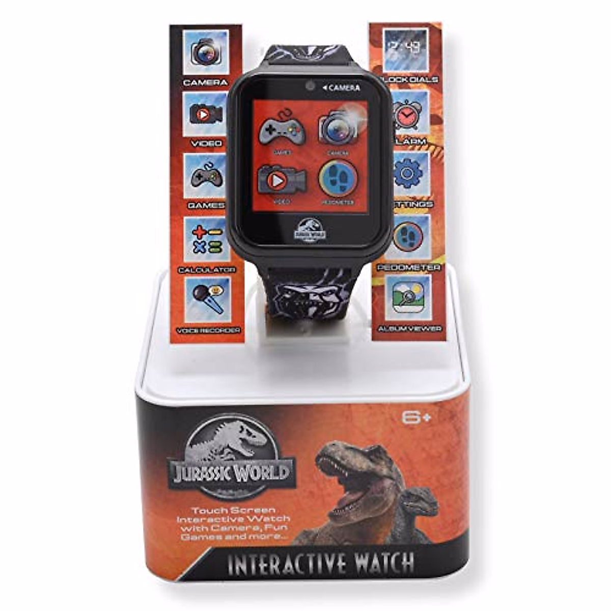 Accutime Kids Jurassic Park Jurassic World Black Educational Learning Touchscreen Smart Watch Toy for Boys, Girls, Toddlers - Selfie Cam, Learning Games, Alarm, Calculator and More (Model: JRW4041AZ)