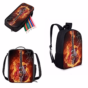 AmzPrint 3 In 1 Flame Fire Guitar Backpack And Lunch Bag Set For Girls Elementary 17 Inch Childrens School Backpacks Black