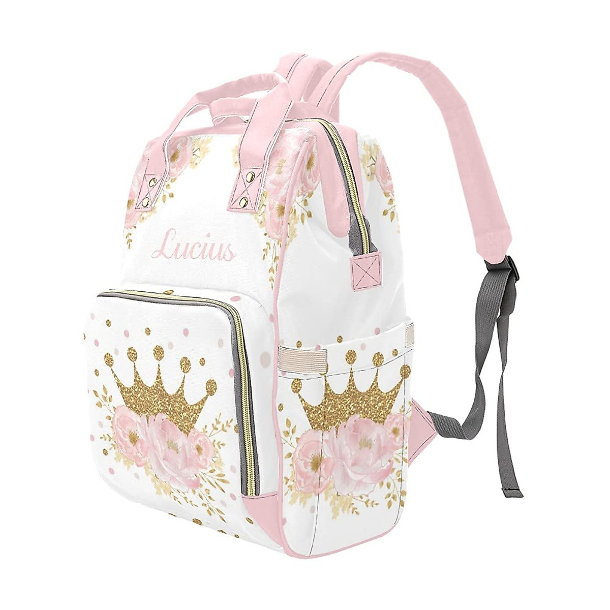 Yeshop Pink Floral Gold Crown Princess Personalized Diaper Bag Backpack Tote with Name,Custom Travel Nappy Mommy Bag Backpack for Baby Girl Boy Gift,10.83 Inch * 6.69 Inch * 15 Inch
