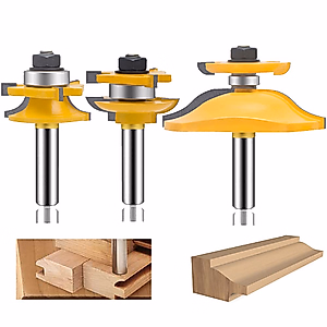 LEATBUY 1/2 Inch Shank Raised Panel Router Bit Set 3 PCS, Round Over Cabinet Door Rail and Stile Router Bits, Woodworking Wood Cutter, Wood Carbide Groove Tongue Milling Tool(1/2-Double R)