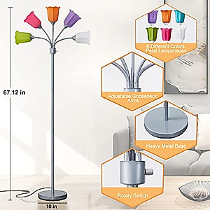 GyroVu Medusa LED Floor Lamp, Multi Head Modern Tall Lamp with Adjustable Gooseneck Standing Lamps Led Tall Lamp for Living Room Bedroom Kids Room Office 6 Color Lampshades Bulb Not Included Silver