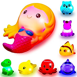 Bath Toys for Toddlers Baby 8 Pack Light Up Toys - Bathtub Toy Flashing Colourful LED Light Shower Bathtime for Kids Infants Shark, Clown Fish, Owl, Unicorn, Octopus, Dolphin, Dinosaur Mermaid