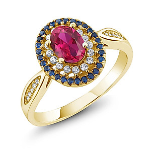 Gem Stone King 18K Yellow Gold Plated Silver 7X5MM Oval Gemstone Birthstone Double Halo Wedding Engagement Anniversary Promise Ring For Women | Available In Size 5, 6, 7, 8, 9