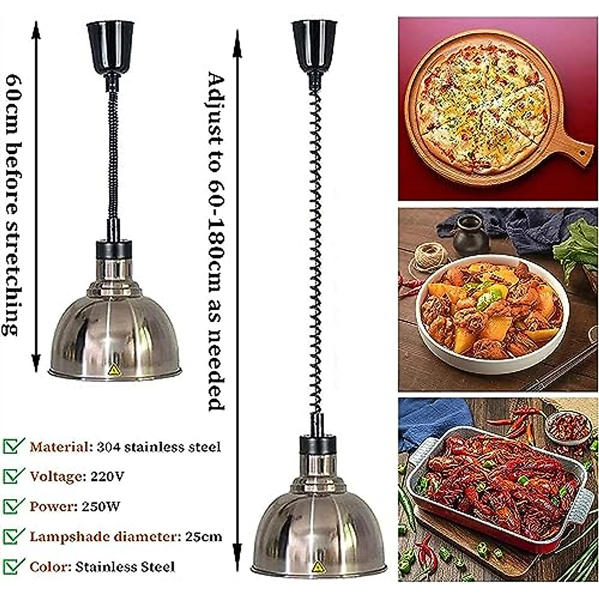 LINKANRUO Commercial Food Heat Lamp, 60-180cm Telescopic Food Warmer, Hanging Food Heating Lamp for Buffet and Hotel Kitchen, Restaurant Kitchen Equipmen Lamps(Silver)