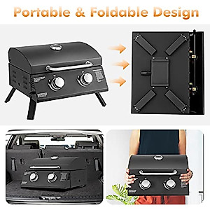 Giantex Portable Gas Grill, 2 Burners Max. 20,000 BTUs total, Tabletop Propane Grill with Built-in Thermometer, Folding Legs, Grease Collector, Camping Gas Grill for Out Cooking Picnic RV BBQ, Black