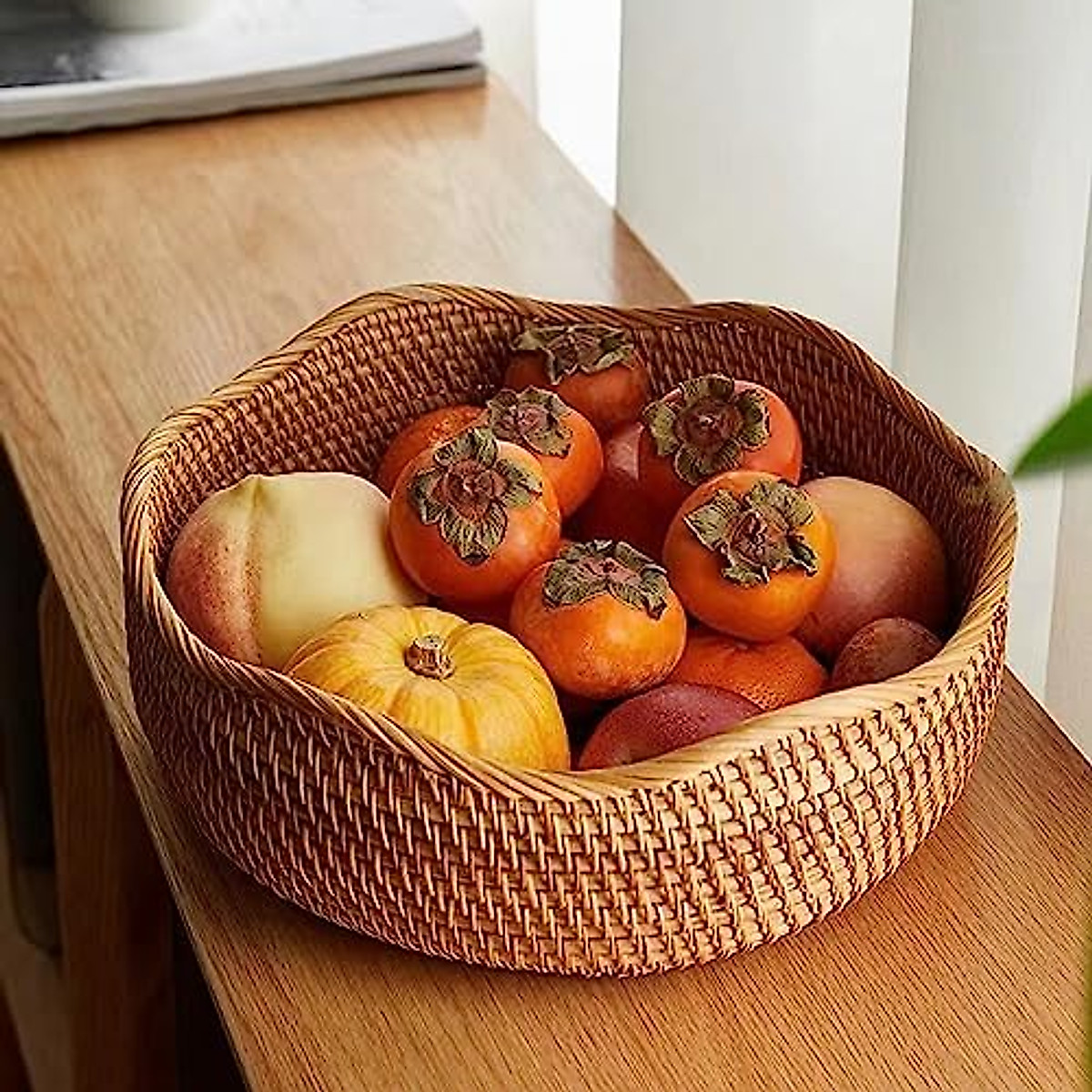 Rattan Decorative Fruit & Bread Bowl - Honey Brown, 10" Woven Round Basket