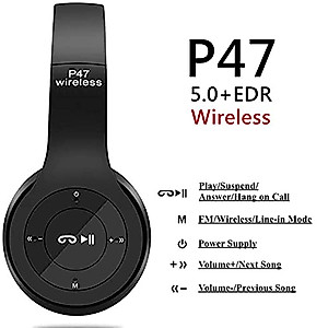Gaea P47 Wireless Headphones Rechargeable Bluetooth 5.0 Over Ear Headphones Foldable Headset with Built-in Mic Lightweight Headset with Wired Mode for Kids Adults Black