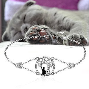 Black Cat Bracelet for Women Tree of Life Sterling Silver Cat Bracelets Black Cats Halloween Cats Lover Gifts