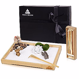 Zen Garden Kit for Desk, 11x7.5 Inches Japanese Zen Garden with Large Bamboo Tray, White Sand, Rake Tools Set, Small River Rocks, Meditation Accessories, Mini Zen Garden Gift Set for Office