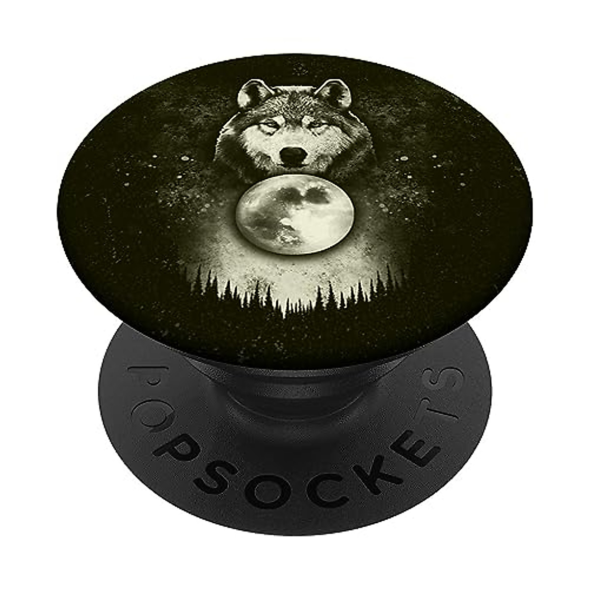 Wolf with moon, forest, night and dusk, black PopSockets Standard PopGrip