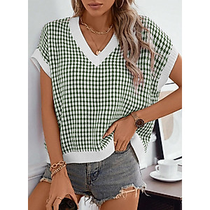 Dokotoo Summer Tops for Women 2025 Fashion Casual V Neck Batwing Short Sleeve Crochet Pullover Sweaters Vest Basic Plaid Loose Fit Lightweight Cute Shirts Comfy Cozy Cable Knit Tunic Tops Green XXL