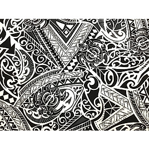 Black and White Tribal with Honu (Turtle) Hawaiian Print Poly Cotton Fabric Sold by The Yard