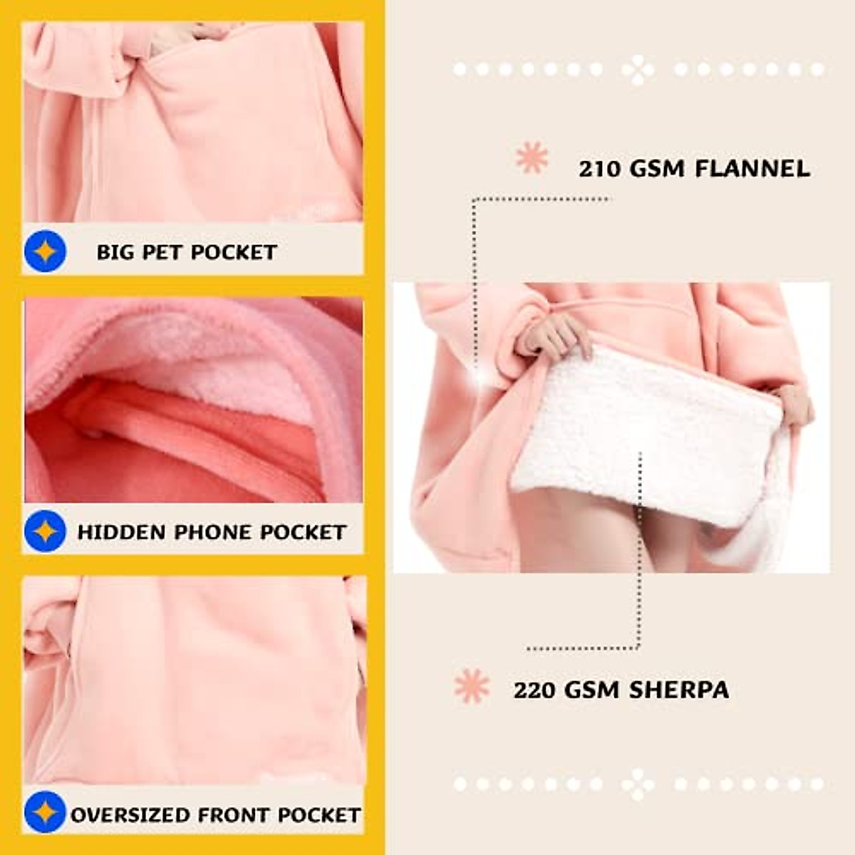 Beauty Shine Oversized Wearable Blanket Hoodie with Zipper, Women and Men Sherpa Blanket, Kangaroo Pocket, Pullover for Adults Fits All(Soft Pink,Original)