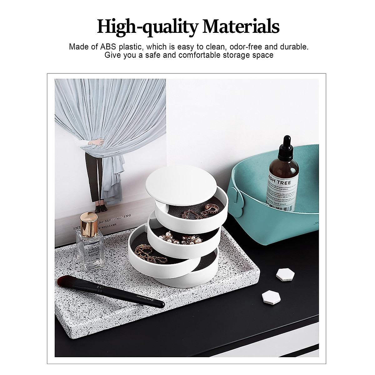 CONBOLA Jewelry Organizer, Small Jewelry Storage Box Earring Holder for Women, 5-Layer Rotating Travel Jewelry Tray Case with Lid for Bracelets Rings Bracelets(White)