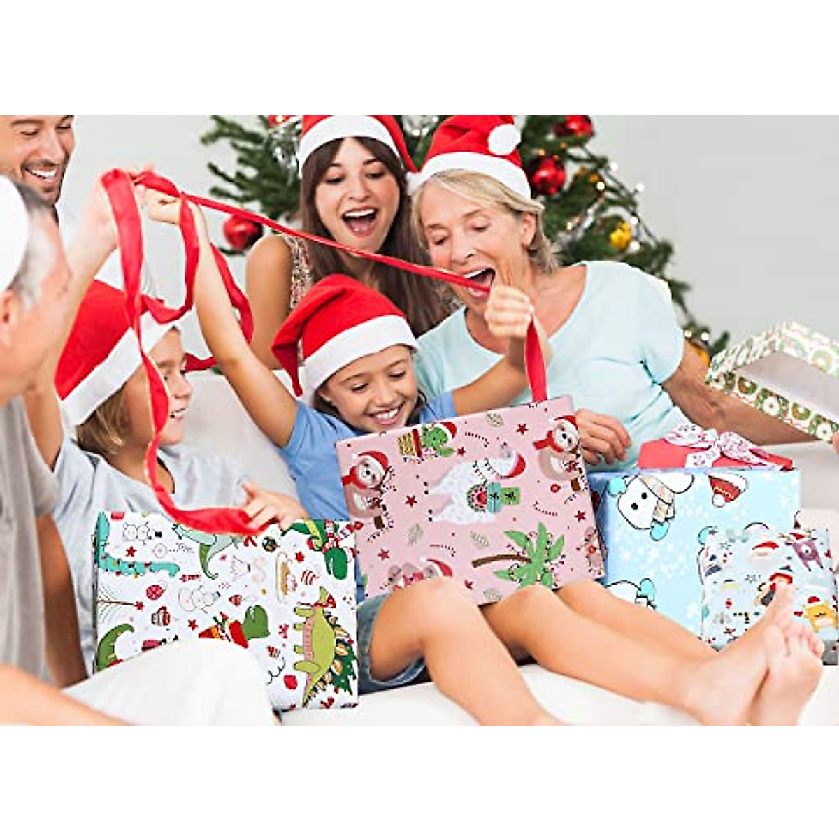 AUCLAY Christmas Wrapping Paper Rolls for Kids Holiday Gift Wrap - Cute Styles Included Dinosaur, Snowman, Santa Animals, Alpaca and Sloth - Pack of 4, 23.6 Inch X 8 Feet per Roll