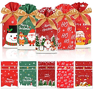 HRX Package 50pcs Christmas Treat Bags Drawstring, 5.8x9x2.4inch Holiday Goodie Bags Small Christmas Gift Bags for Candy Cookie gift giving