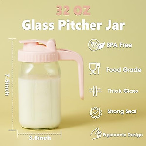 32oz Glass Pitcher with Lid & V-shaped Pour Spout - 1 Quart Breastmilk Pitcher Double Leak Proof, Creamer Container for Sun Tea, Juice, Cold Brew Coffee, Breastmilk Storage Container