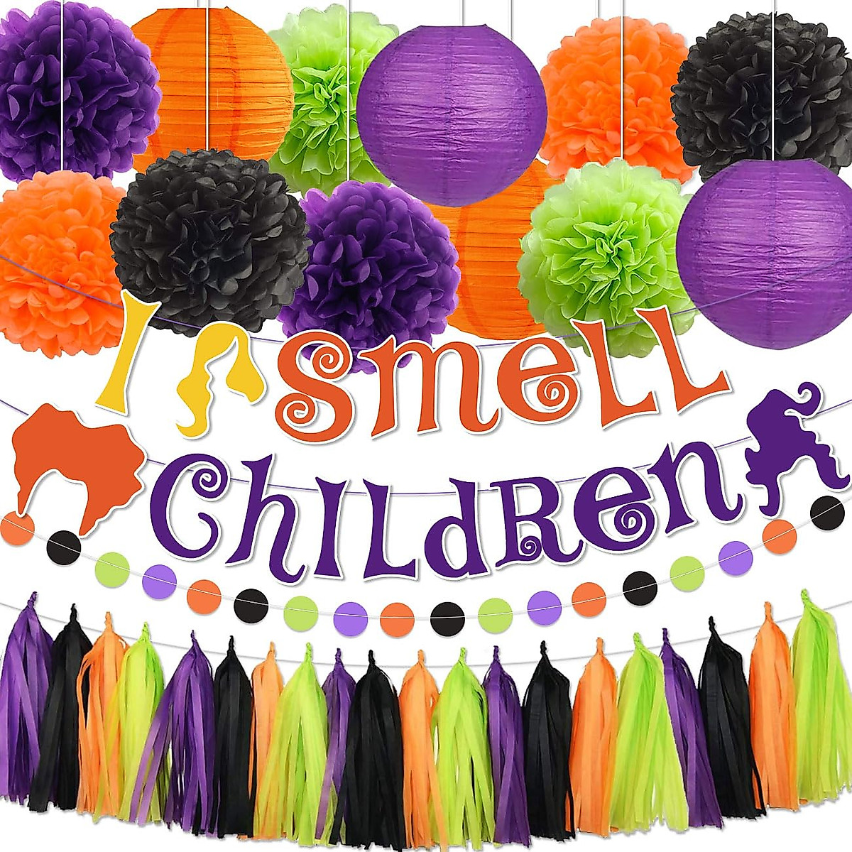Hocus Pocus Halloween Decorations I Smell Children Banner Hocus Pocus Halloween Baby Shower Party Decorations, Hocus Pocus Sign with Paper Pompoms Tassels and Lanterns Hocus Pocus Halloween Decor