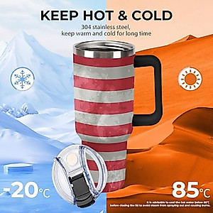 Water Bottle with Lid And Straw, Large Capacity Red Blue White American Flag 40 oz Travel Stainless Steel Cups, Handle Insulated Tumblers for Men, Women