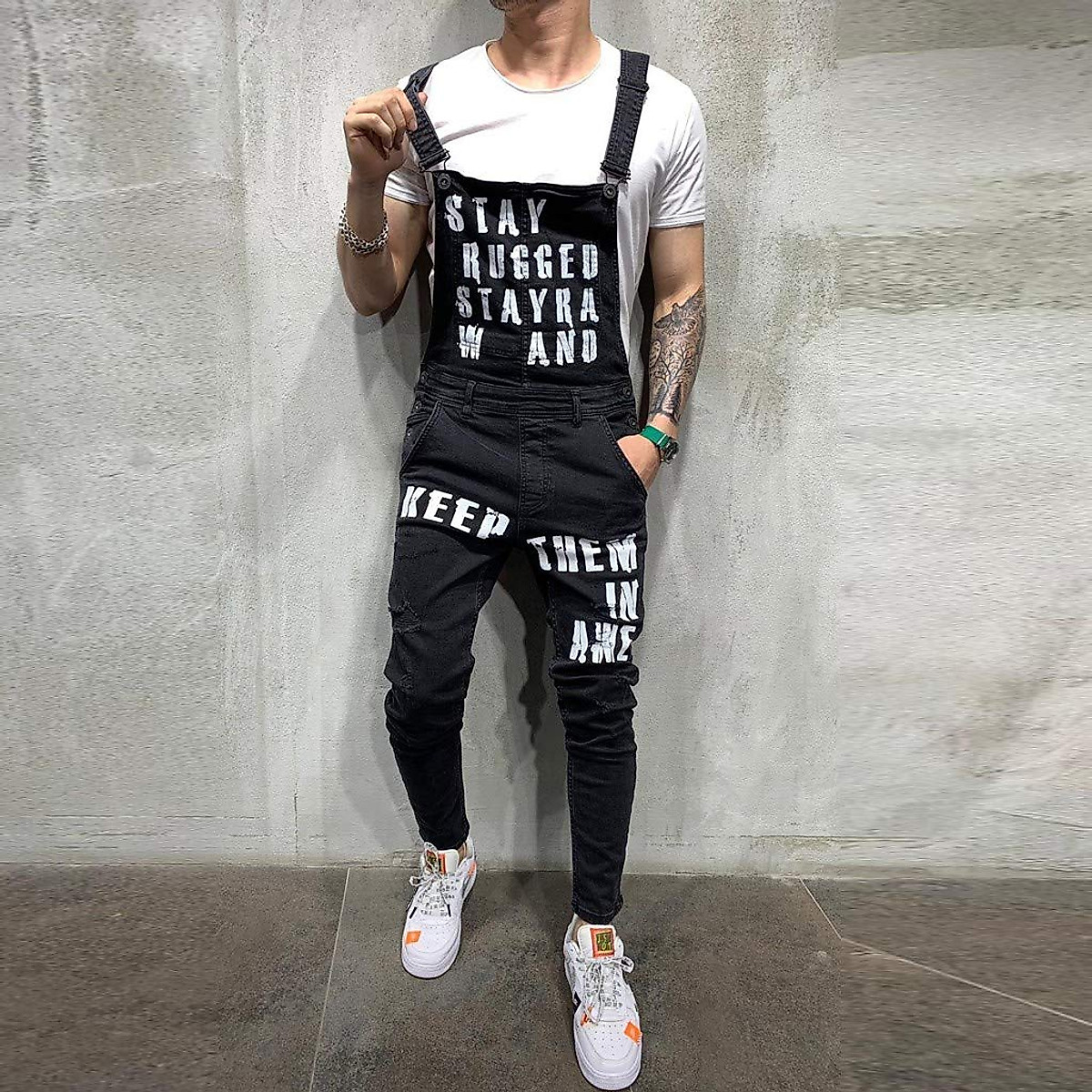 NEARTIME Jumpsuit Jeans for Mens, Mens Hole Pocket Jeans Overall Jumpsuit Streetwear Overall Suspender Pants