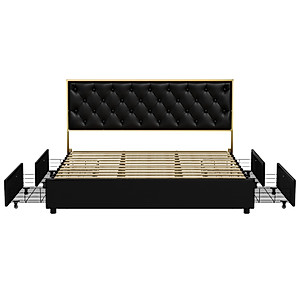 HIFIT King Upholstered Bed Frame with 4 Storage Drawers and Handmade Button Tufted Headboard, Modern PU Leather King Platform Storage Bed with Solid Wooden Slats, No Box Spring Needed, Golden & Black