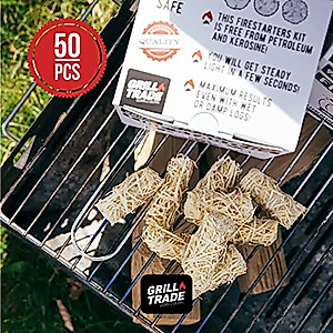 Grill Trade Firestarters 50 pcs | Natural Fire Starters for Fireplace, Wood Stove, Campfires, Fire Pit, BBQ, Chimney, Pizza Oven | All Weather Charcoal Starters Waterproof Indoor/Outdoor Eco Friendly
