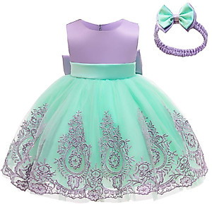 Baby Girls Embroidery Dresses Toddler Lace Ruffles New Year Easter Tutu Dress with Headwear (Purple+Green,80)