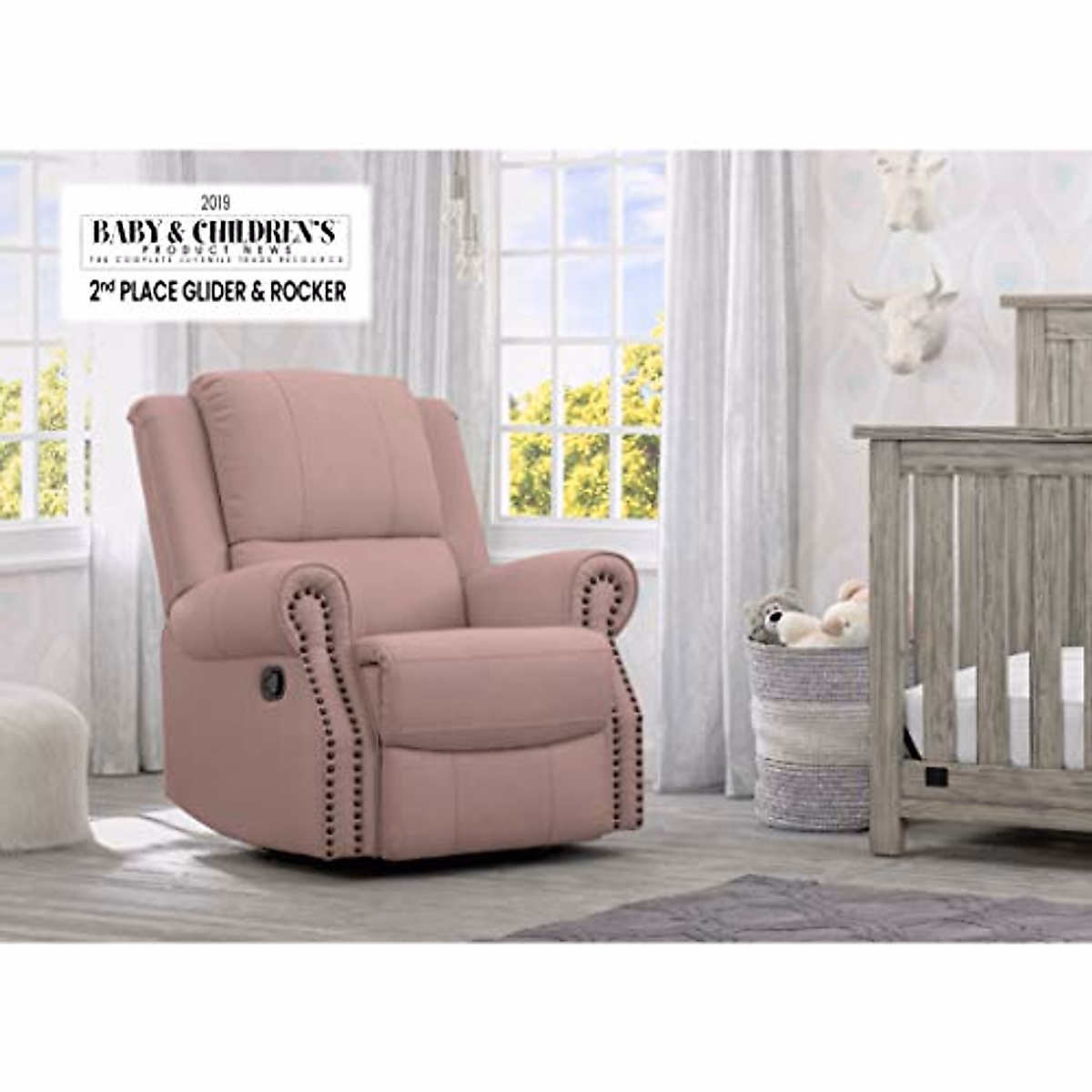 Delta Children Dylan Nursery Recliner Glider Swivel Chair, Blush