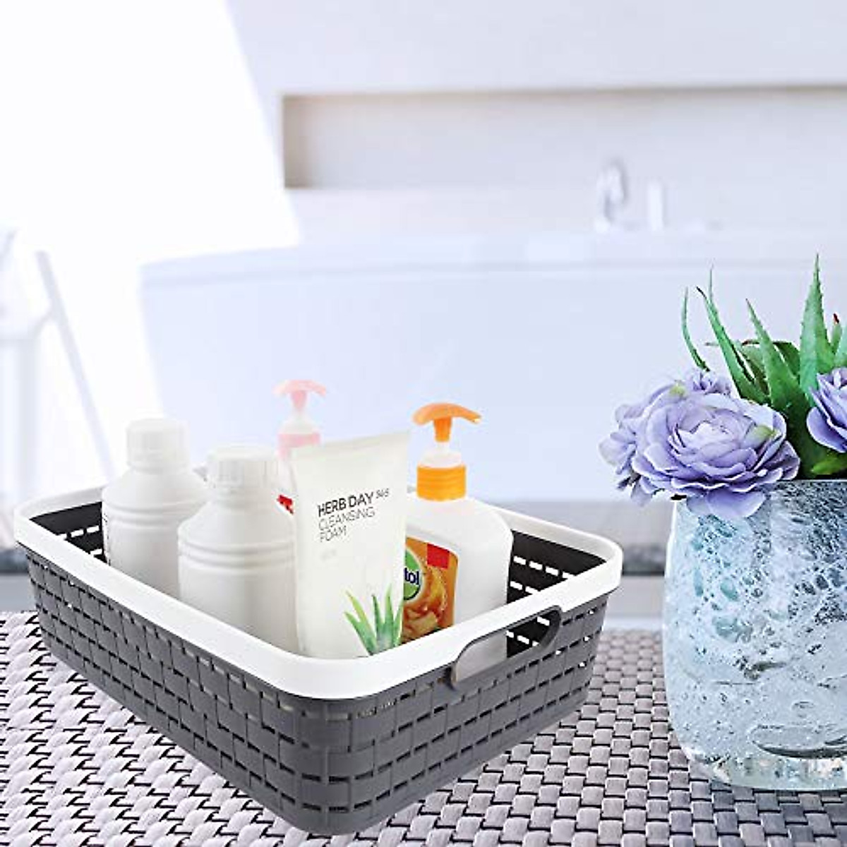 CertBuy 3 Pack Plastic Storage Baskets 14 x 10 x 4.5 Inch, Large Weave Storage Bins with Handle for Cabinet, Shelf, Kitchen, Bedroom, Bathroom and Office – Dark Grey