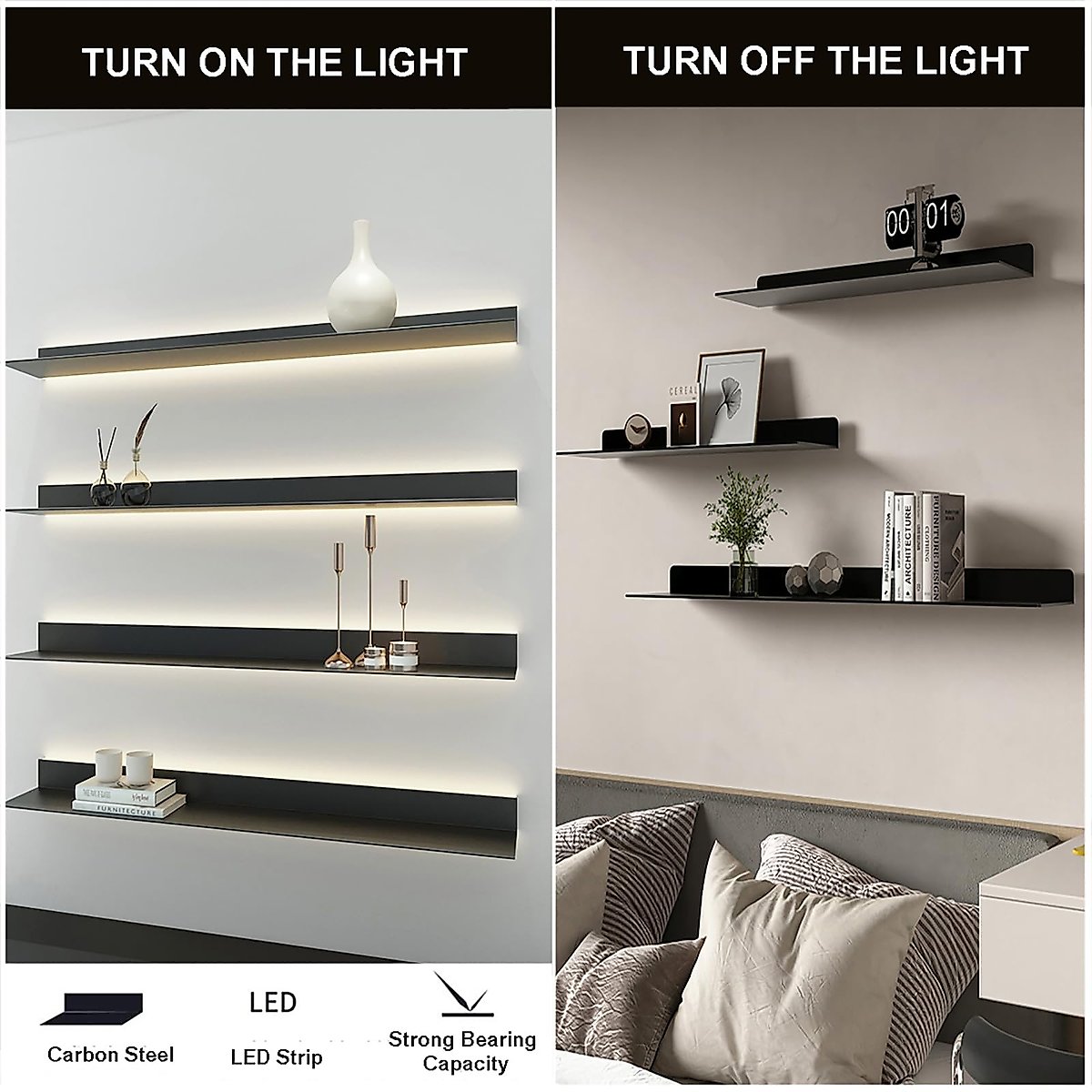 SUZEPER Floating Shelves with Led Lights,floating Display Shelf with Built-in Illuminated Led Light,metal Wall Mounted Shelves Set of 2,hanging Display Rack Wall Shelf for Livingroom Kitchen Bathroom