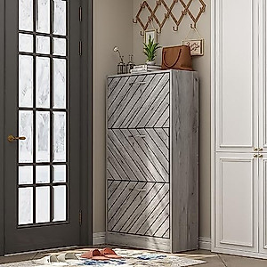 FAMAPY Modern Shoe Cabinet with 3 Flip Drawers, Freestanding Shoe Storage Cabinet, Slanted Design, Shoe Storage Organizer for Hallway Entryway Grey (22.4”W x 9.4”D x 42.3”H)
