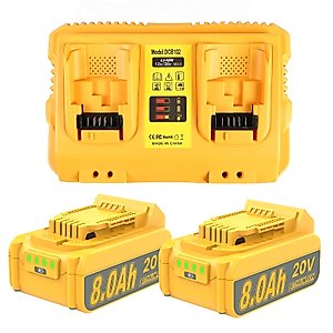 JUNWOOD 2Pack 8.0Ah MAX Lithium Replacement for Dewalt 20V Battery with 20 Volt Dual Port Battery Charger DCB200 DCB201 DCB204 DCB206 DCB207 DCD/DCF/DCG XR Series