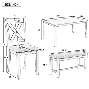 Merax 6-Piece Kitchen Set, Wooden Rectangular Dining-Table, 4 Chairs and Bench Family Furniture, Natural Cherry & Beige
