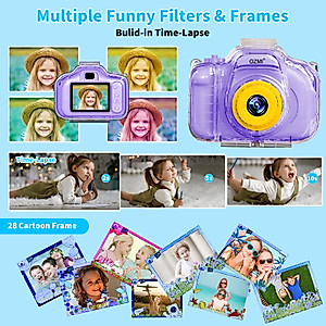 OZMI Gifts for 3 4 5 6 7 8 9 Year Old Girls Boys, Kids Selfie Underwater Waterproof Camera, Christmas Birthday Gifts for Toddler, Children Action Video Recorder Camera with 32GB SD Card, Purple