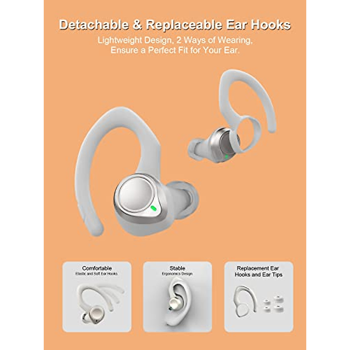 Coucur Wireless Earbuds 5.1 Bluetooth Headphones Sport with Two Detachable Earhooks in Ear Wireless Earphones Noise Cancelling Touch Control, 30H Playtime Deep Bass IP7 Waterproof Headset