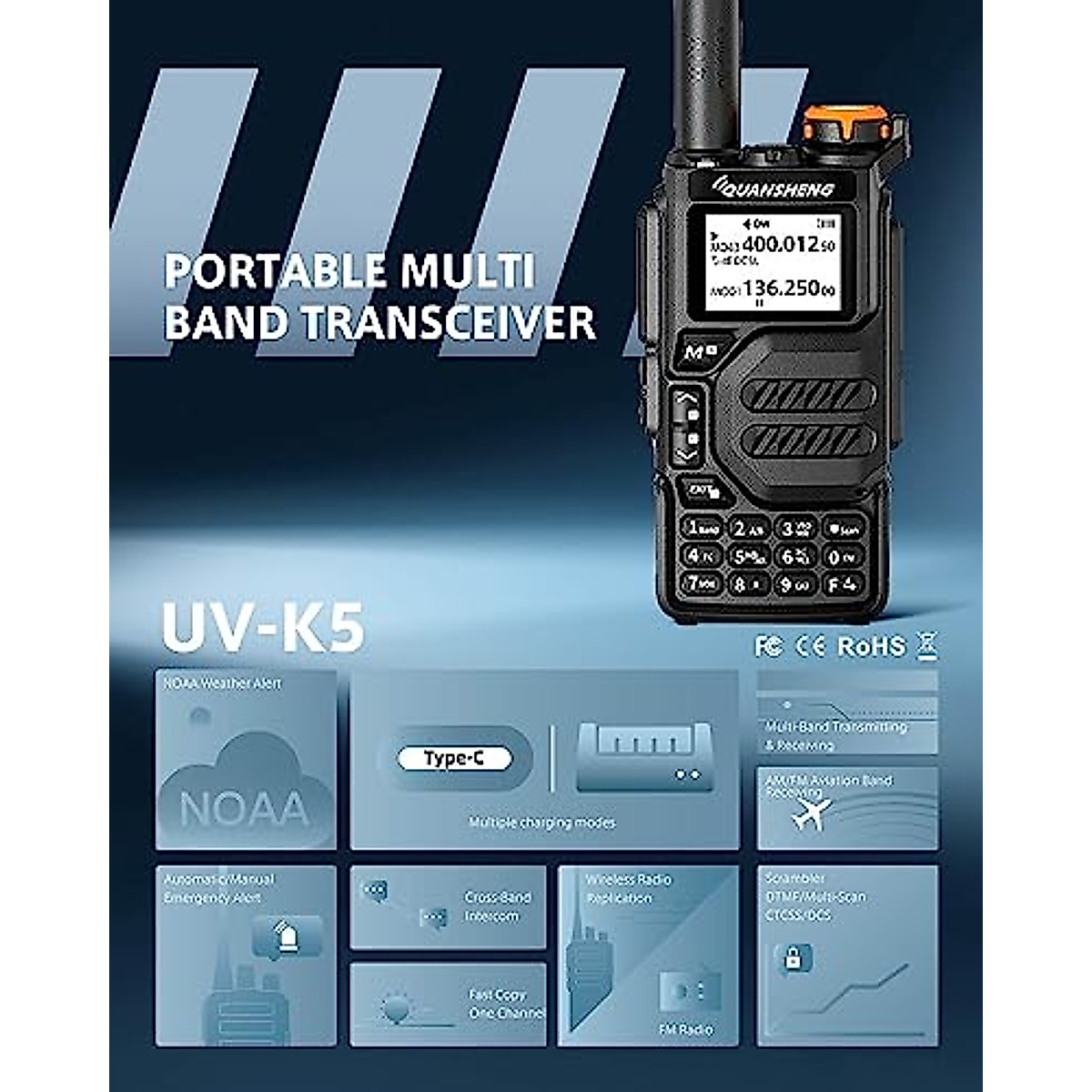 QuanshengUVK5 AM/FM/DTMF walkie Talkie 200 Channel Three Frequency Receiving walkie Talkie NOAA Weather Forecast, with Flash VOX Replication Frequency LCD Display for Hiking Camping Trip (1 Piece)