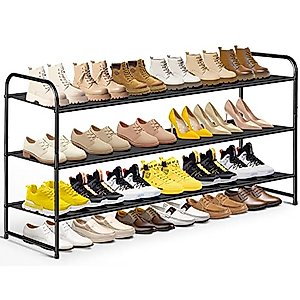 MISSLO 3-Tier Long Shoe Rack for Closet Shoe Organizer for Closet Floor Entryway Storage Stackable Wide Shoe Shelf Stores 24 Pairs of Men Sneakers, Black