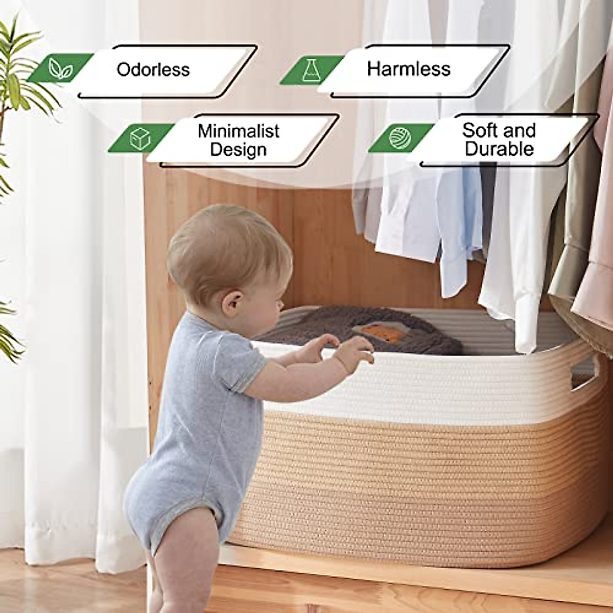 OIAHOMY Cotton Rope Basket 71L - Blanket Basket Living Room,Kids Woven Basket with Handle, Nursery Storage Basket ,Baby and doy Toy Baskets Bin, Gradient Yellow