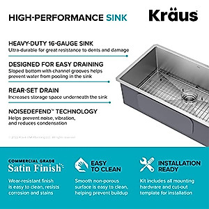 Kraus KHU100-32 Standart PRO 16 Gauge Undermount Single Bowl Stainless Steel Kitchen Sink, 32 Inch